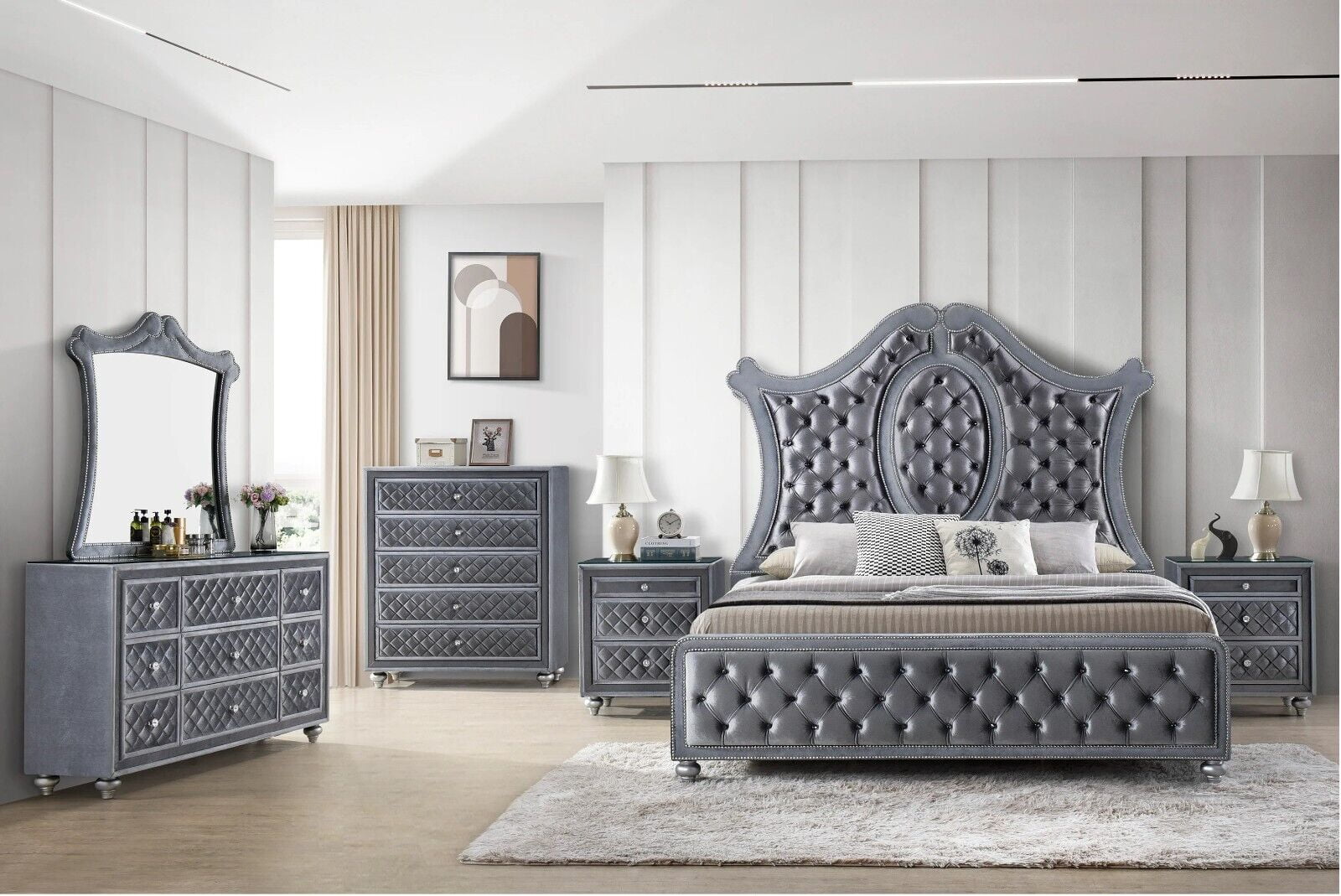 6pc Traditional Upholstered King Size Panel Bed Set Arched Headboard ...