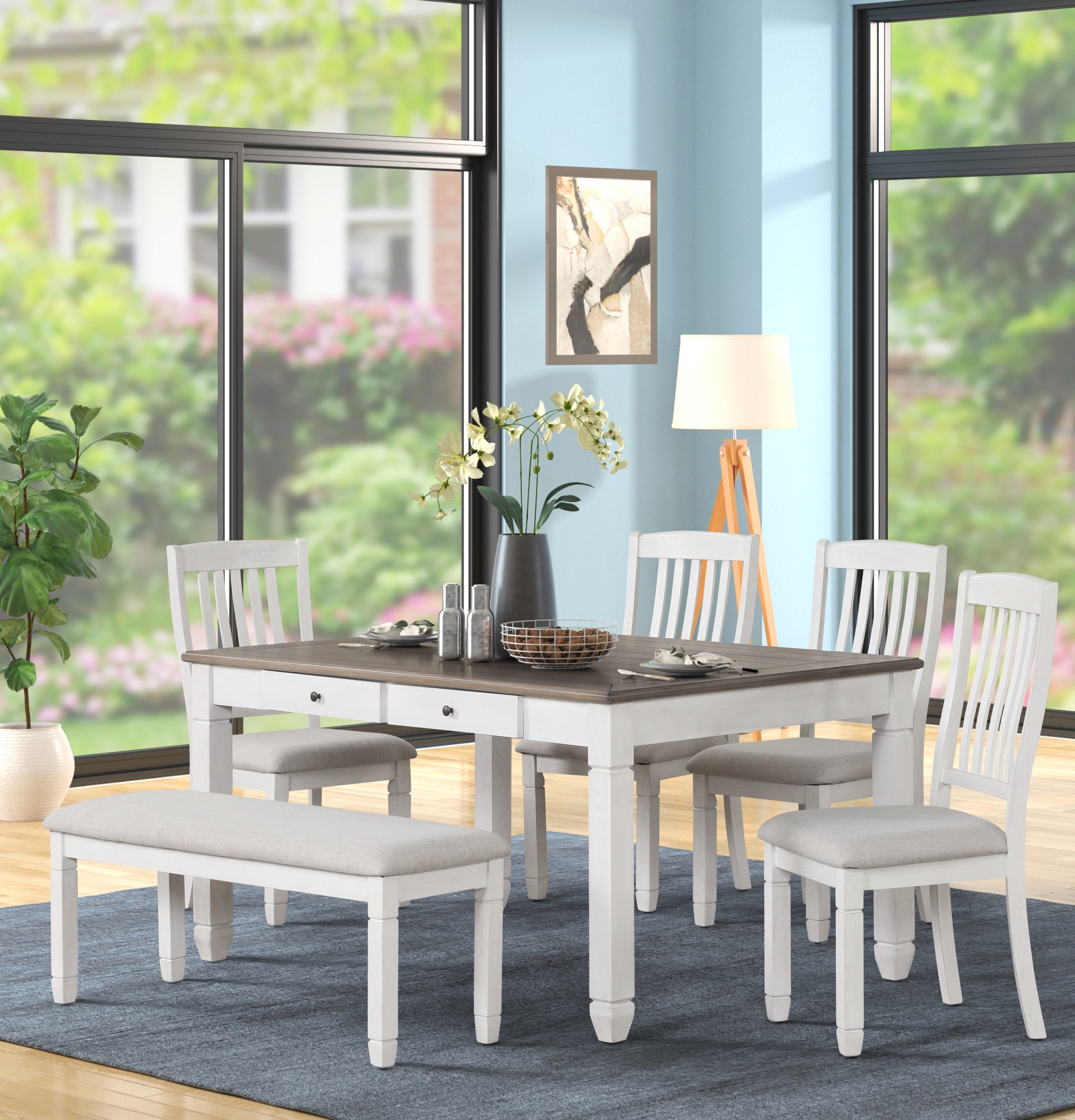 6pc White Gray Dining Set Storage Table Upholstered Chairs Bench Solid ...