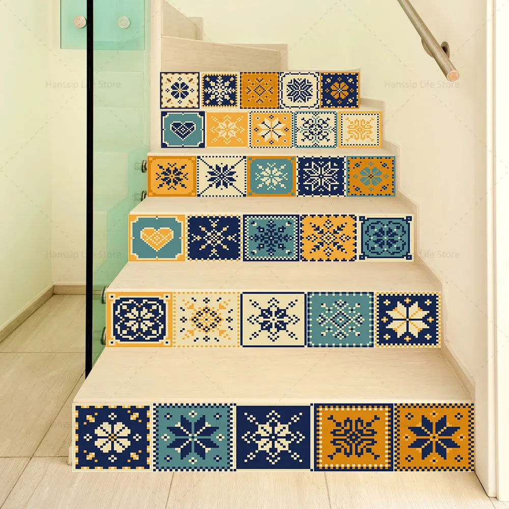 6pcs/13pcs Geometric Stair Stickers Self Adhesive Waterproof PVC ...