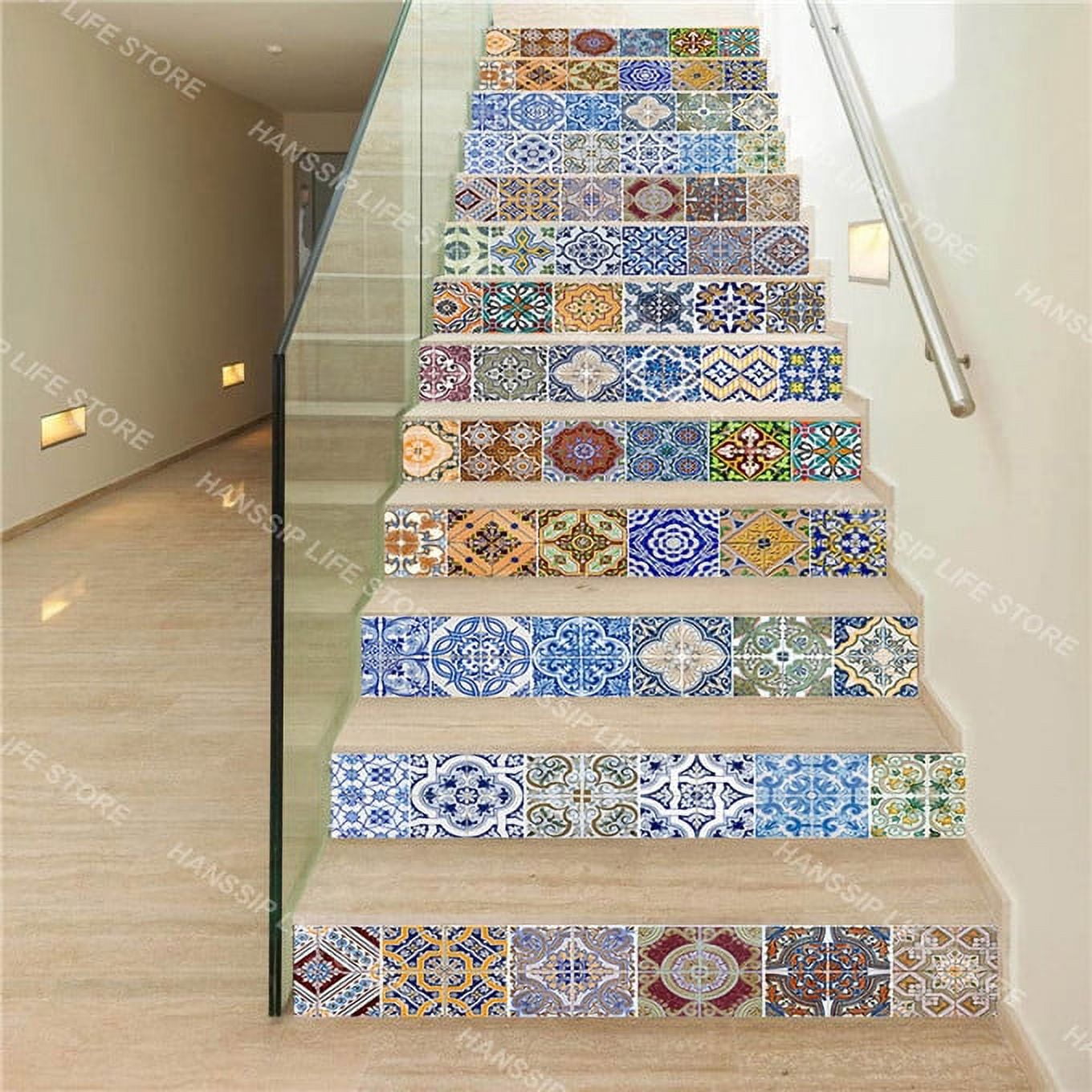 6pcs/13pcs Geometric Tiles Pattern Stair Stickers Removable Waterproof ...