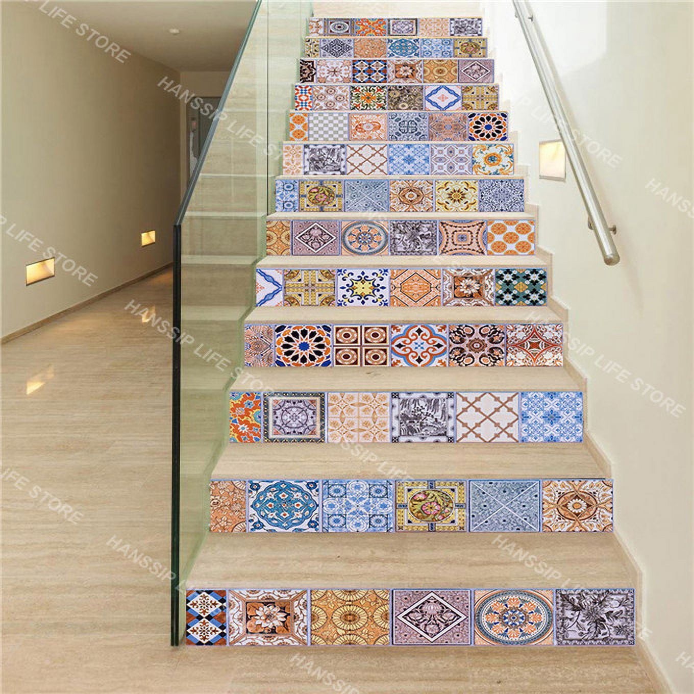 6pcs/13pcs Geometric Tiles Pattern Stair Stickers Removable Waterproof ...