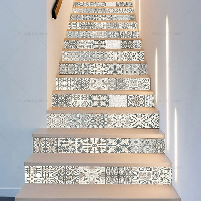 6pcs/13pcs Retro Tile Geometric Stair Stickers Self Adhesive PVC ...