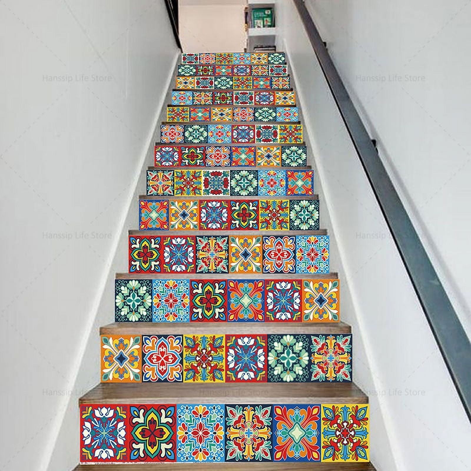 6pcs/13pcs Retro Tile Geometric Stair Stickers Self Adhesive PVC ...