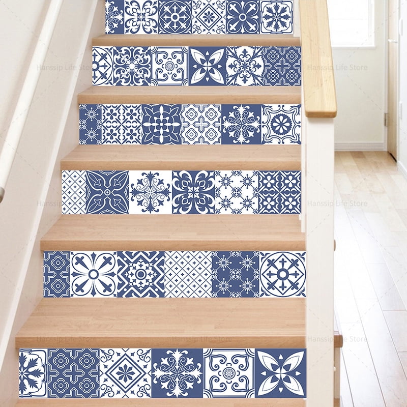 6pcs/13pcs Retro Tile Geometric Stair Stickers Self Adhesive PVC ...