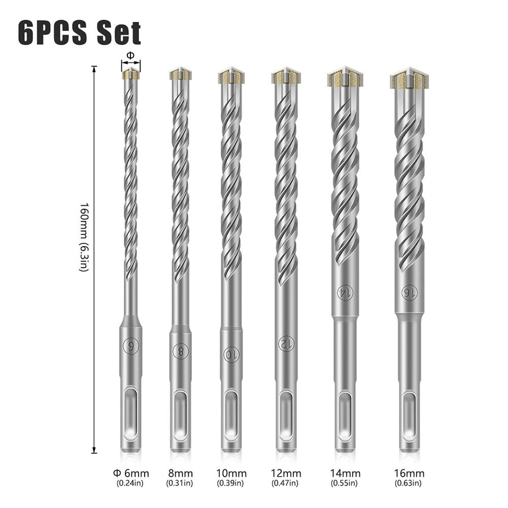 6pcs 160mm Electric Hammer Concrete SDS Plus Drill Bit Set Round Handle ...