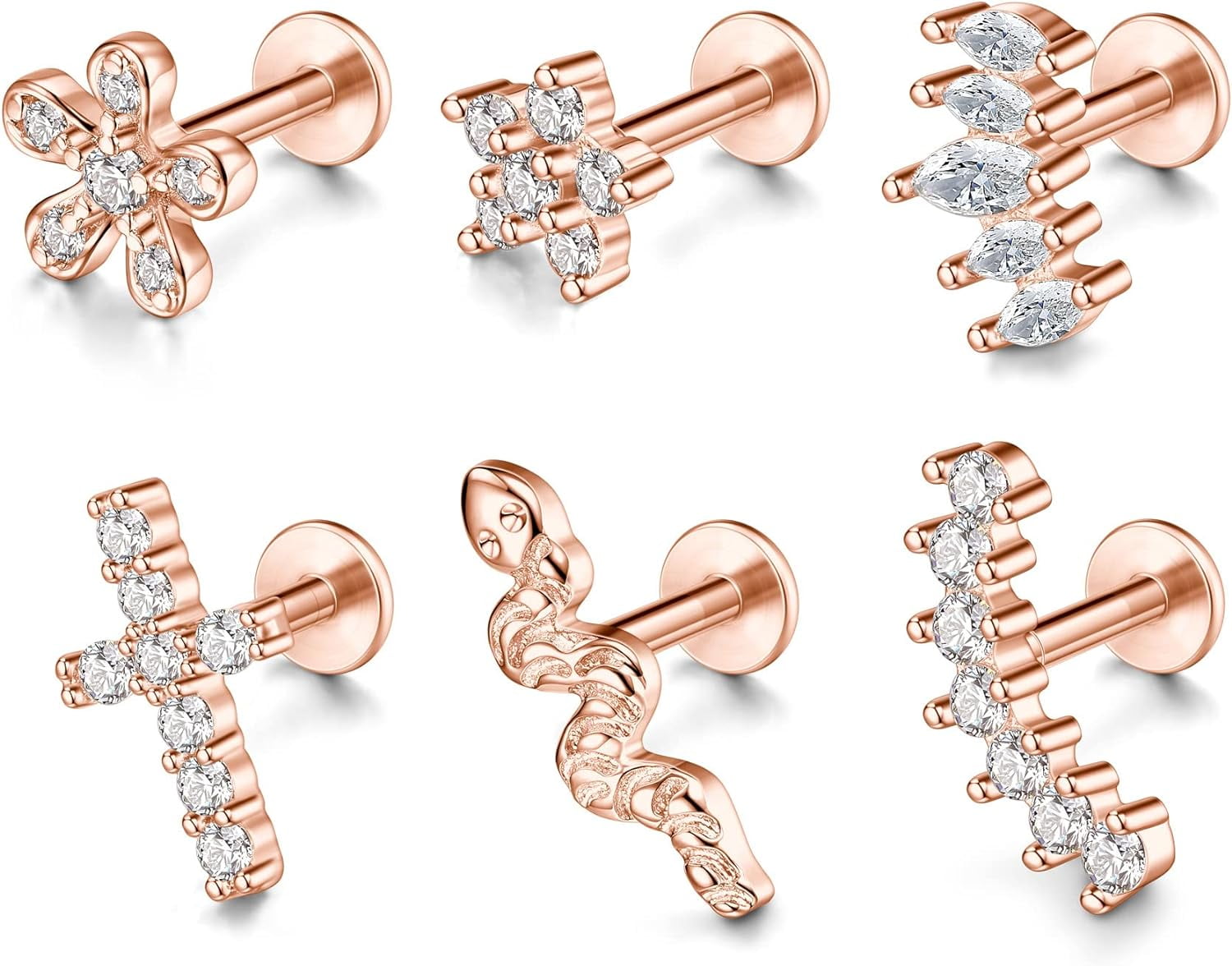 6pcs 16g Cartilage Fine Earring Piercing Jewelry Cubic Zirconia Stud Earrings for Women Tragus ...