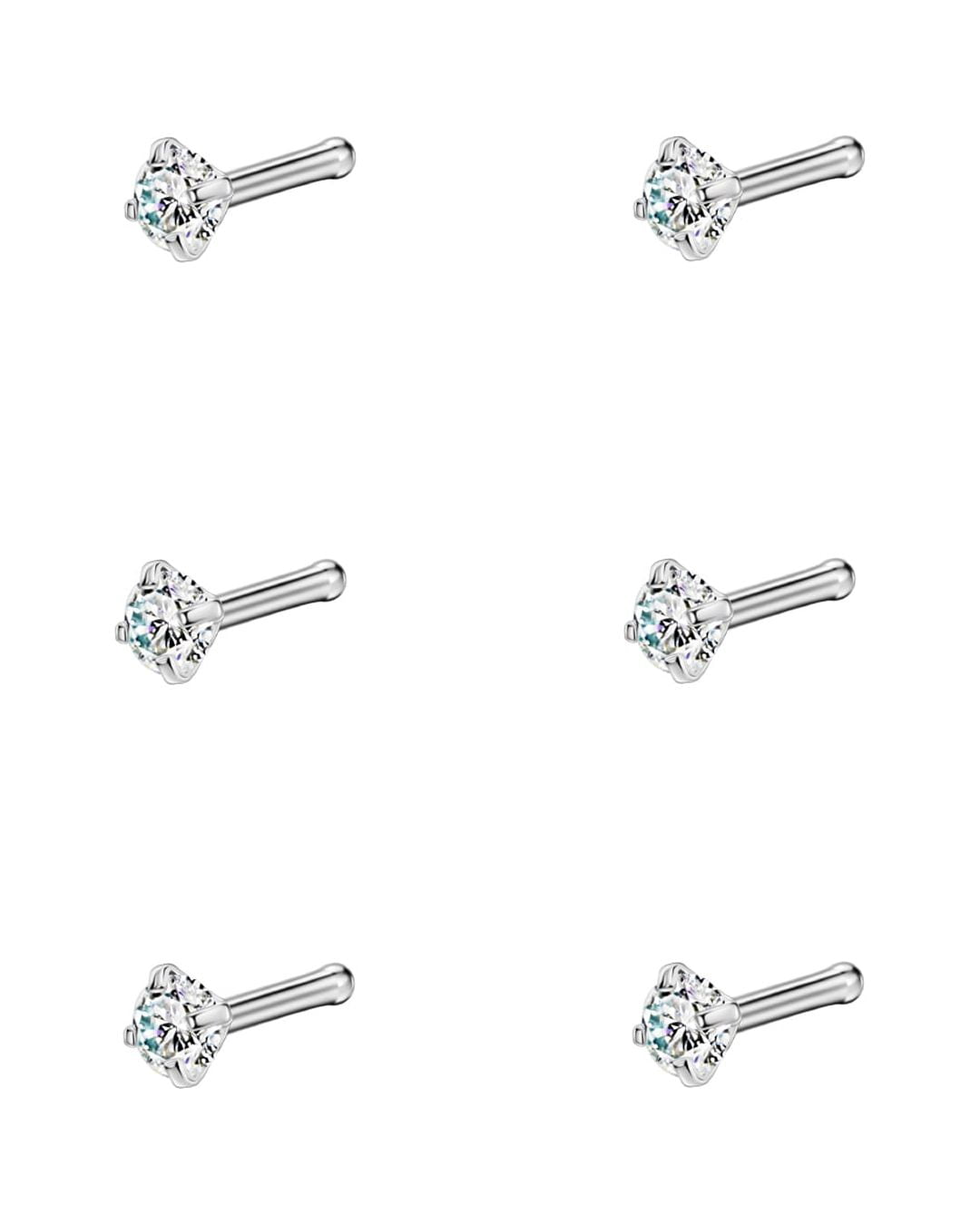 6pcs 18g 2.5mm Nose Bones for Women Round Clear CZ Nose Studs Silver Nostril Piercing Jewelry 18 Gauge Nose Jewelry Surgical Steel Straight Nose Stud