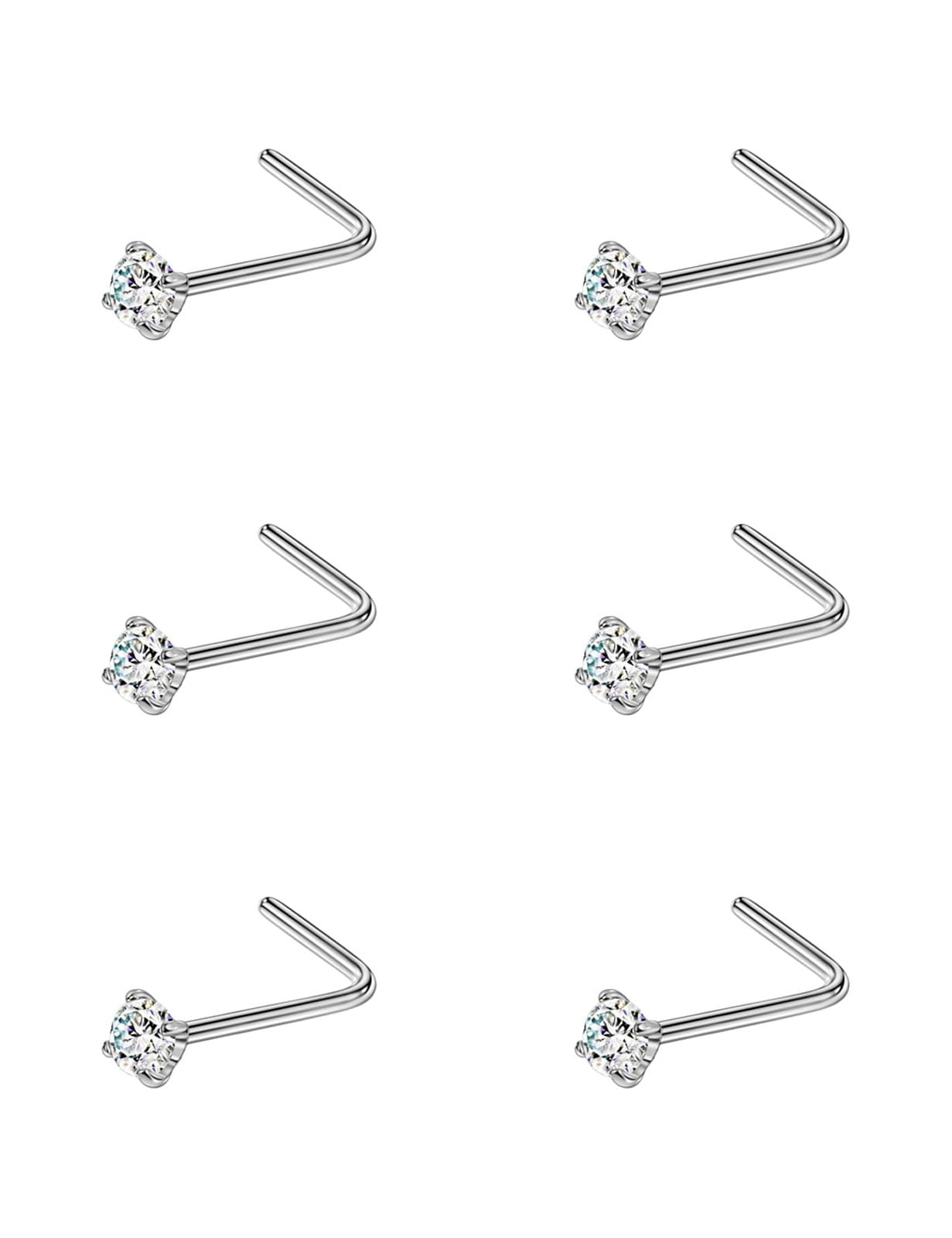6pcs 22g 2mm Nose Rings for Women Diamond CZ Nose Stud Rings Silver 6 ...