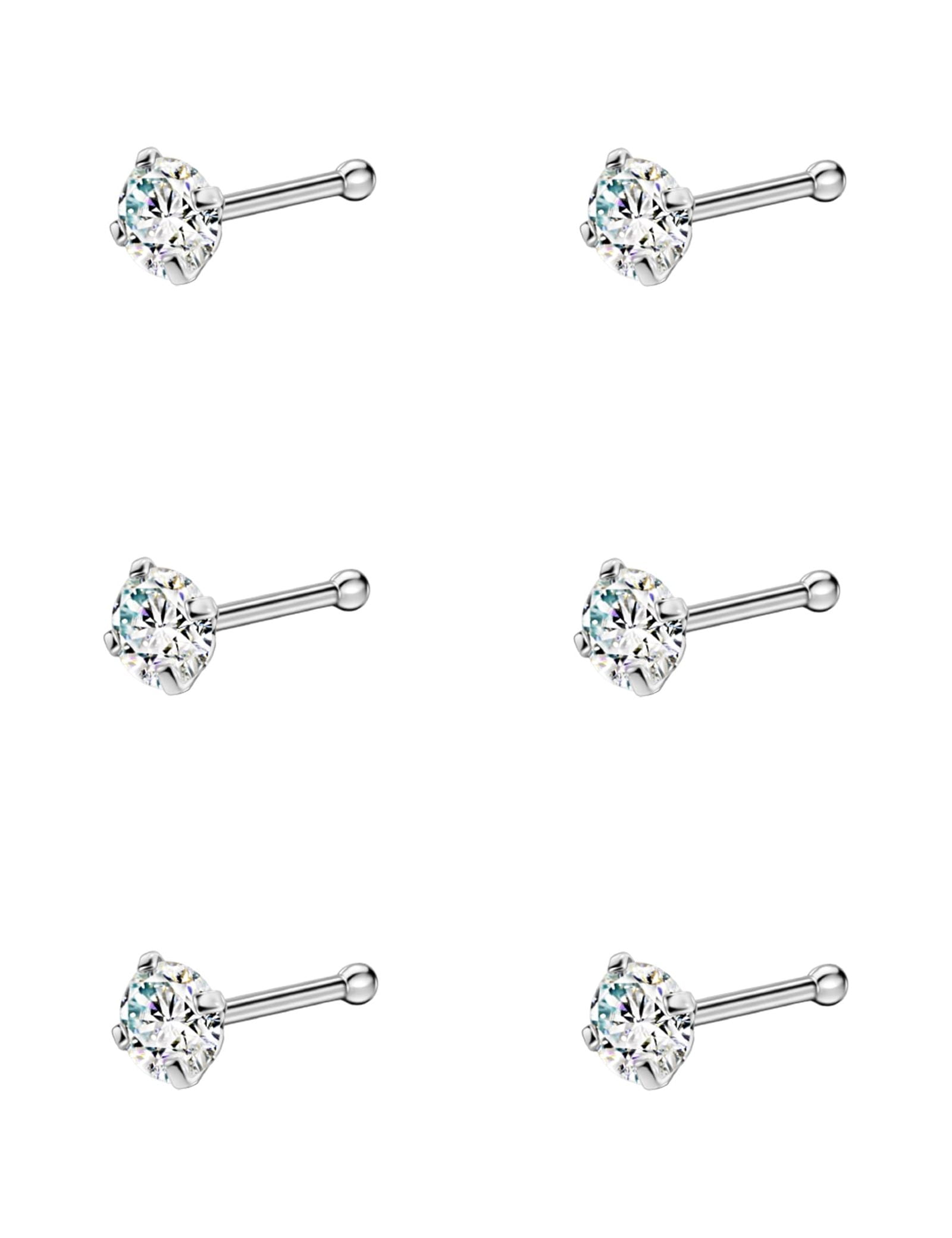 6pcs 22g 3mm Nose Bones for Women Round Clear CZ Nose Studs Silver ...