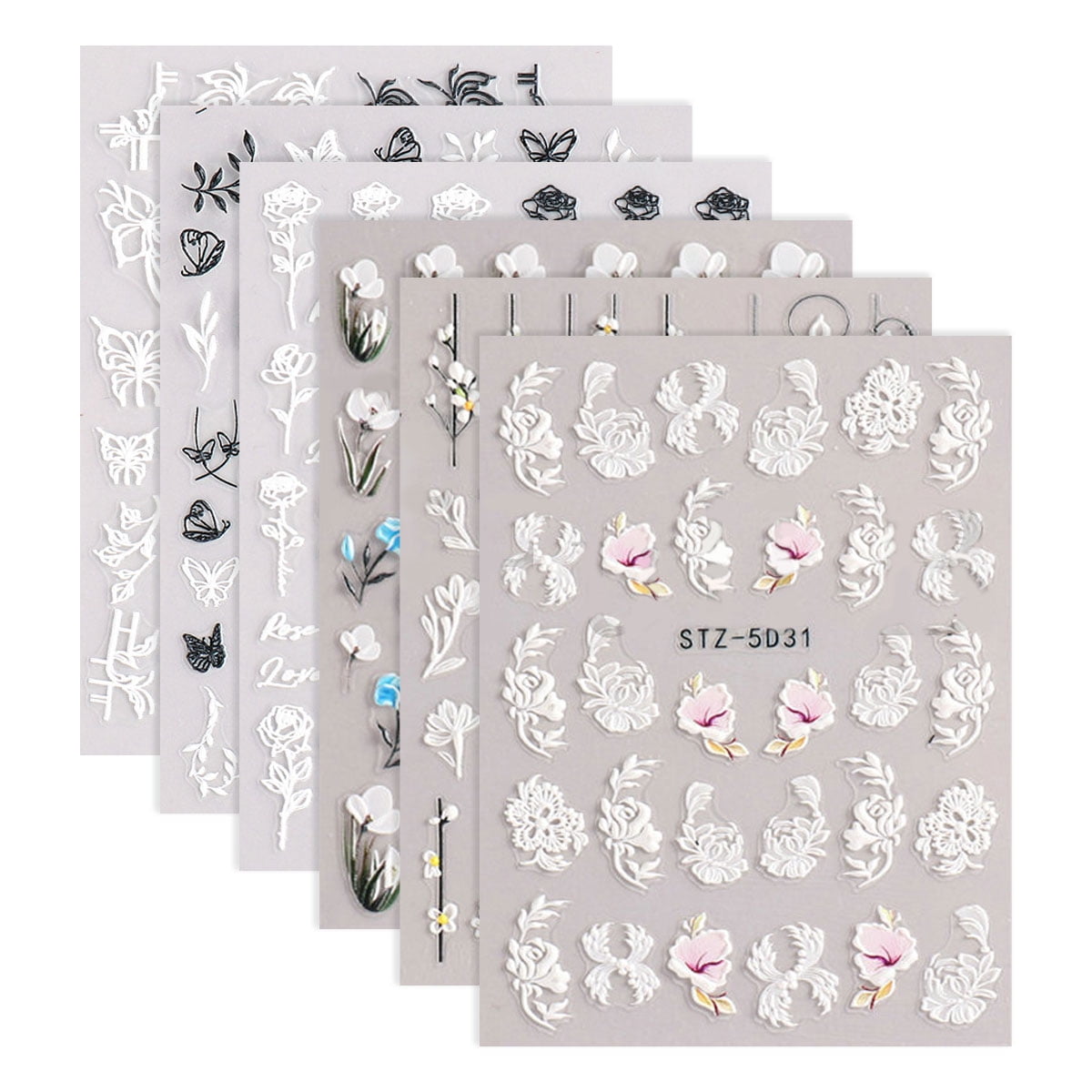 6pcs 5D floral nail stickers, decorative decorative carved floral ...