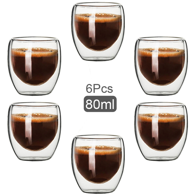 6pcs,80ML Glass Coffee Mugs,Double Wall Glass Coffee Cups,Insulated ...