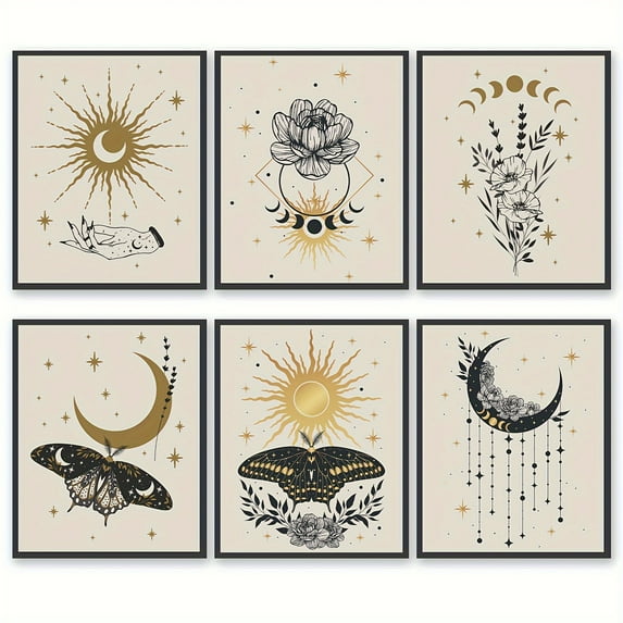6pcs Abstract Canvas Wall Art Prints, Boho Golden Colors Esoteric ...