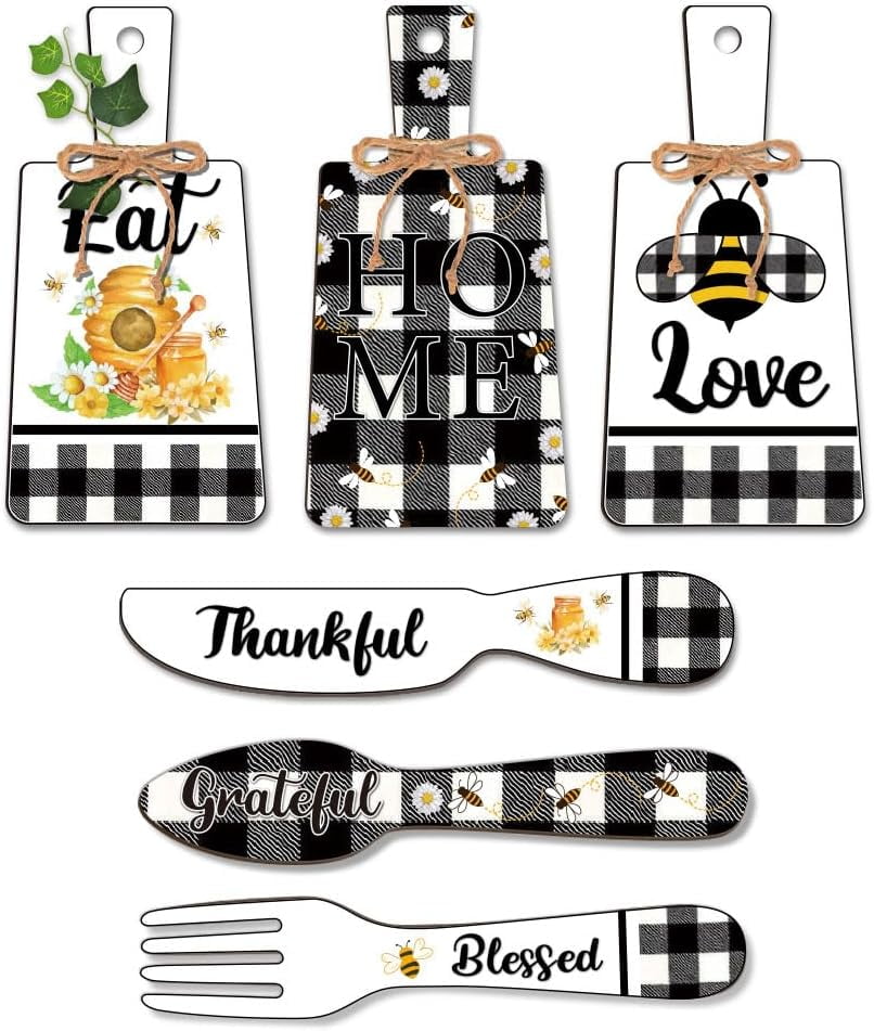 6pcs Bee Kitchen Wooden Sign Wall Decor Eat Wood Cutting Board Sign ...