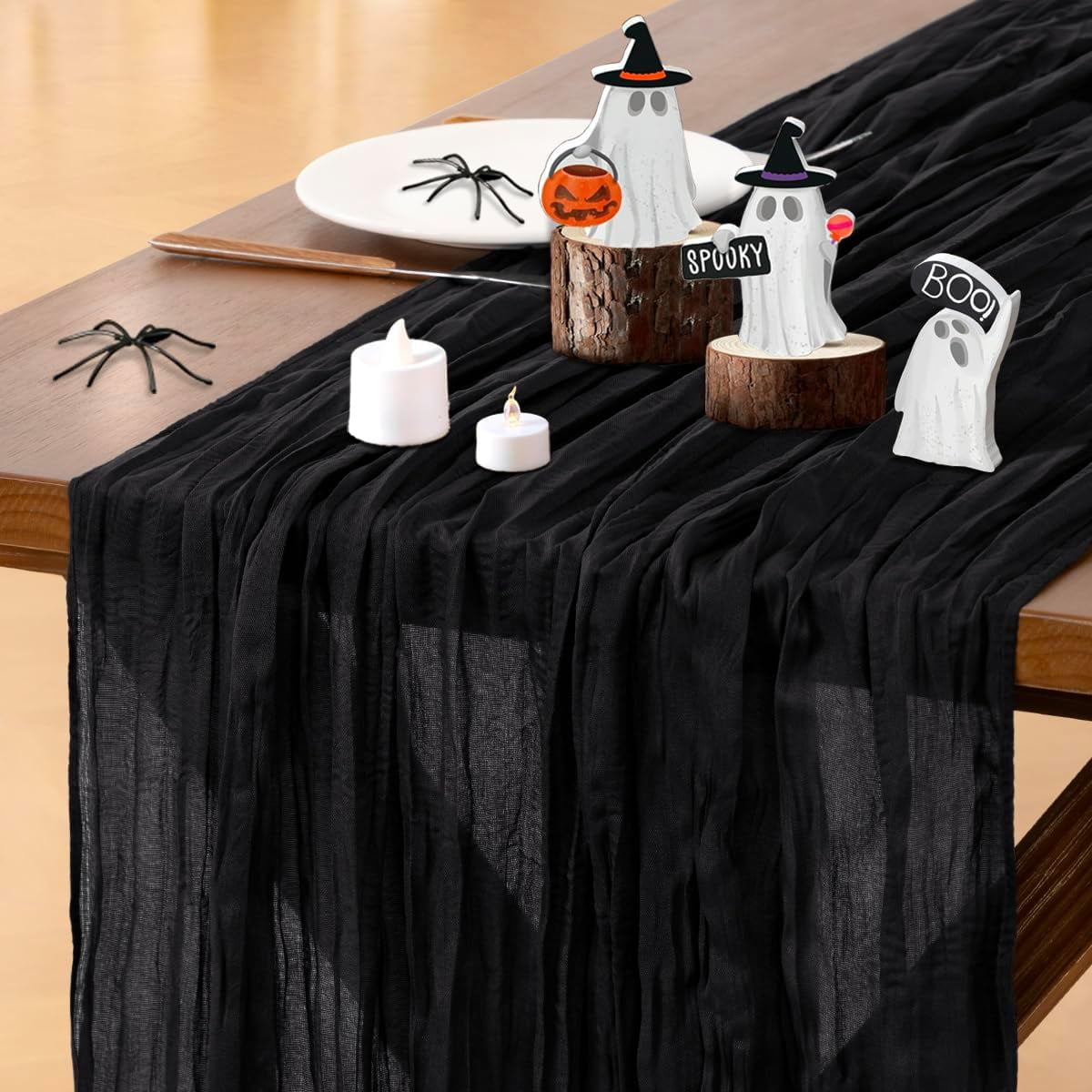 6pcs Black Fall Thanksgiving Cheesecloth Table Runner Boho Rustic Gauze ...