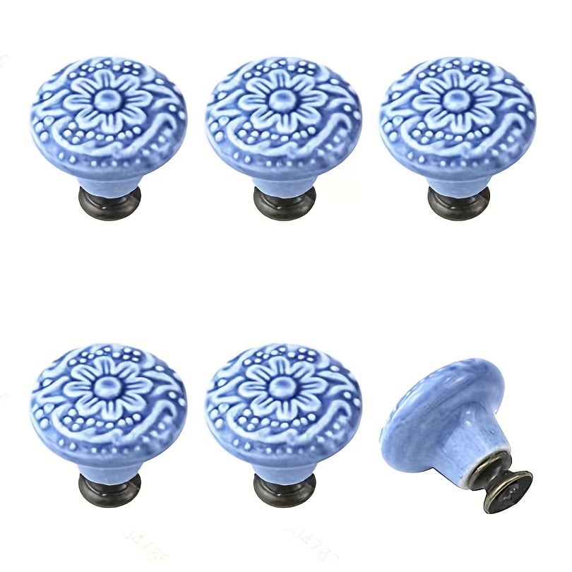 6pcs Blue & White Porcelain Ceramic Drawer Knob Pull Handles for Kitchen Cabinet, Bathroom Door ...