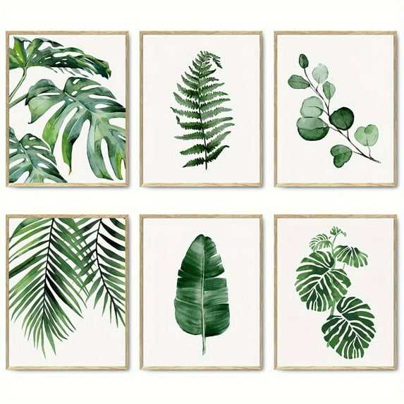 6pcs Boho Chic Green Leaf Frameless Art Prints Set, Waterproof Ink ...