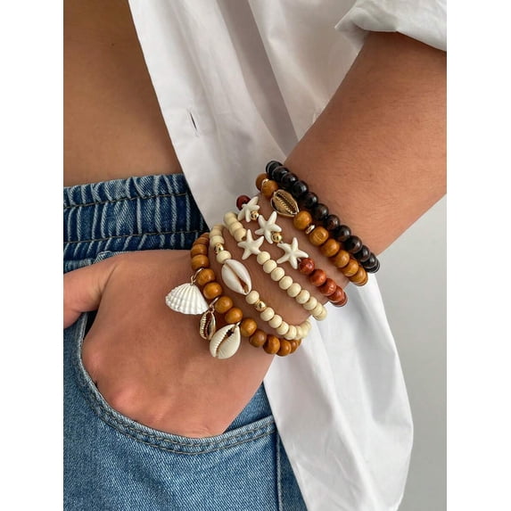 6pcs Boho Ocean Style Beaded Bracelet Set In Coffee Brown, Starfish ...