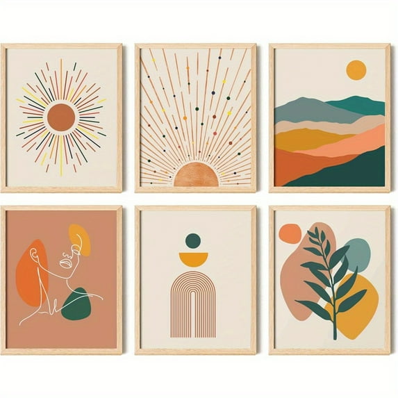 [6pcs Boho Wall Art] 6pcs Abstract Boho Sun Wall Art | No Frame, Mid ...