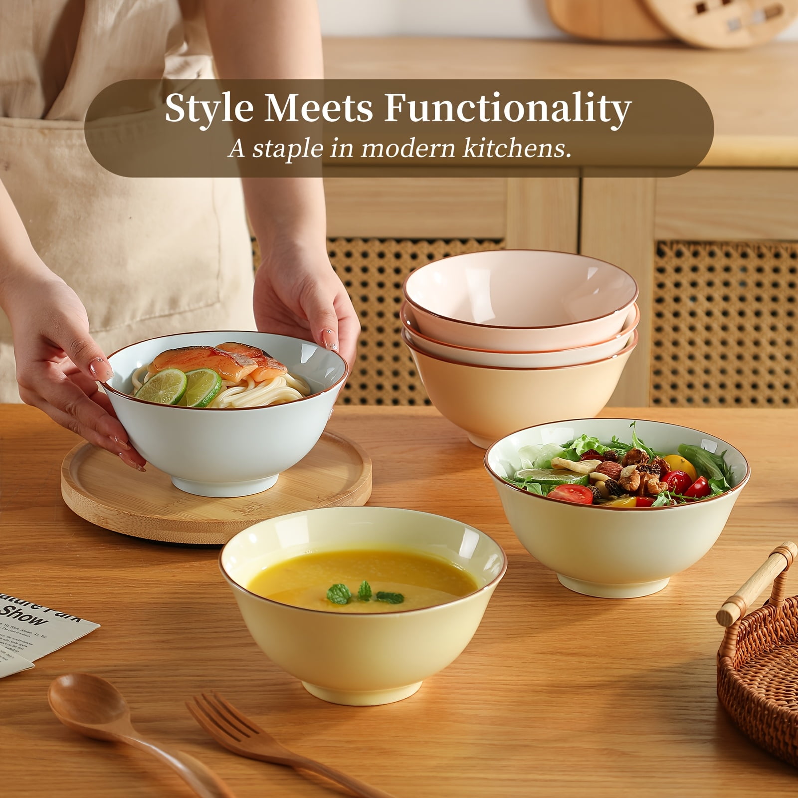 6pcs Ceramic Cereal Soup Bowls Candy Hue - Colorful Kitchen Bowls For ...