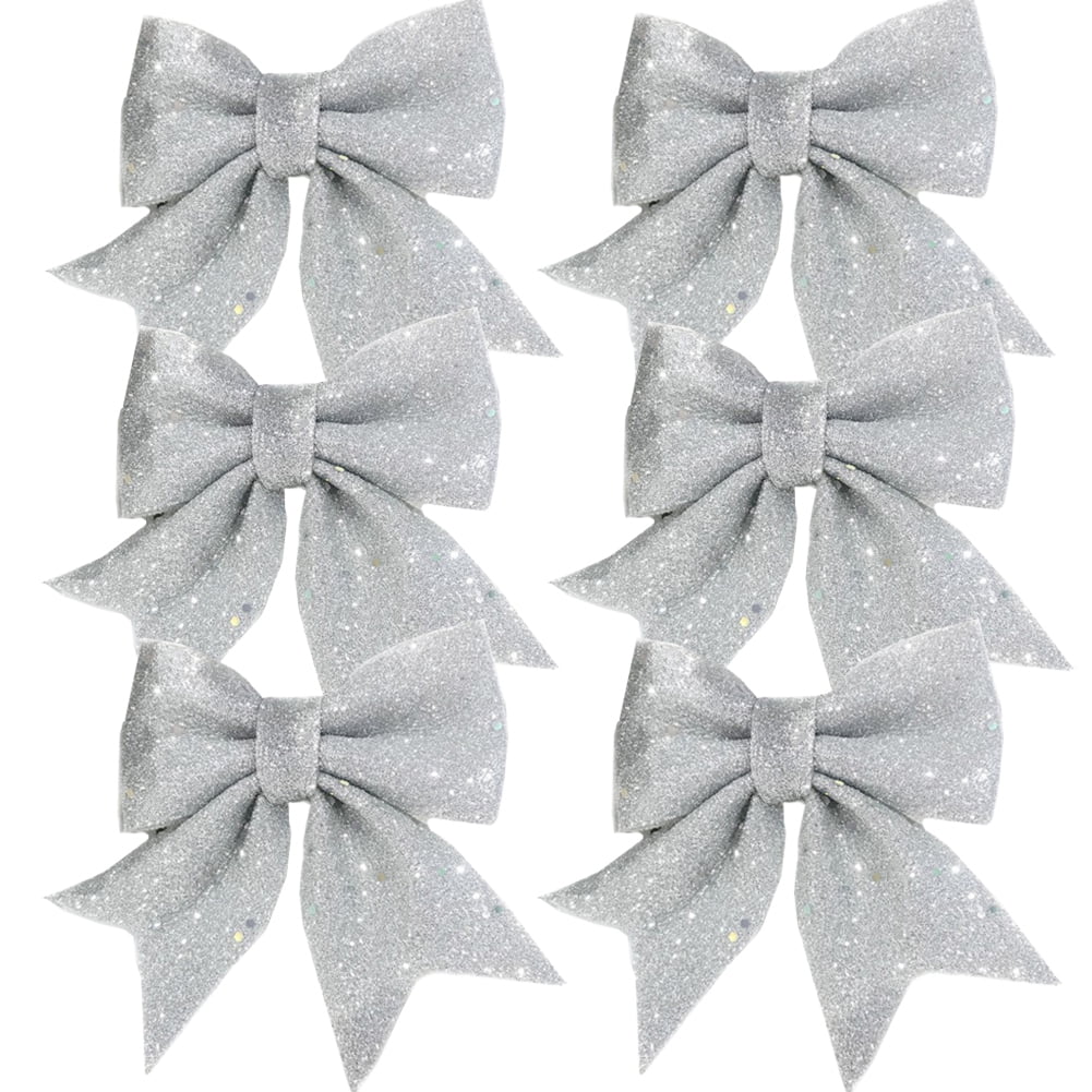 6pcs Christmas Bow Decorations, Silver Wreaths Bows, Small Christmas Tree Bow Sequin Bow Ties ...
