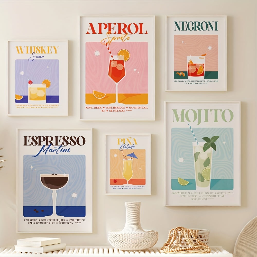 6pcs Colorful Cocktail Print Set - Retro Bar Cart Gallery Wall Arts ...