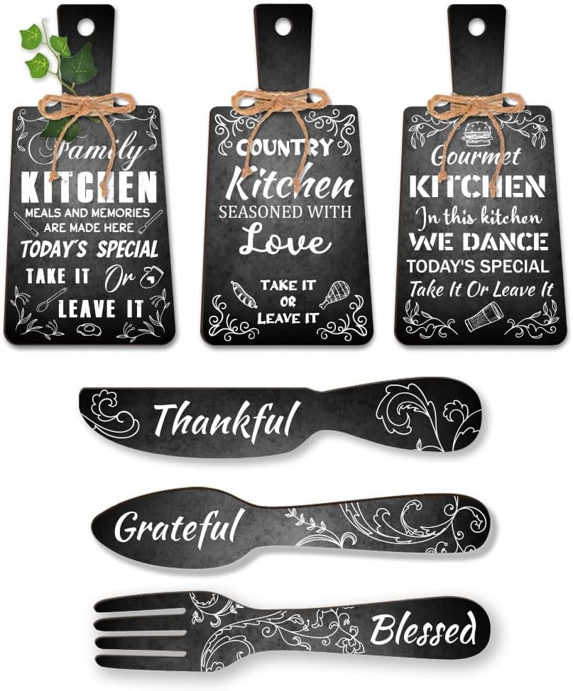 6pcs Cutting Board Eat Sign Set Black and White Chalk Text Wooden ...