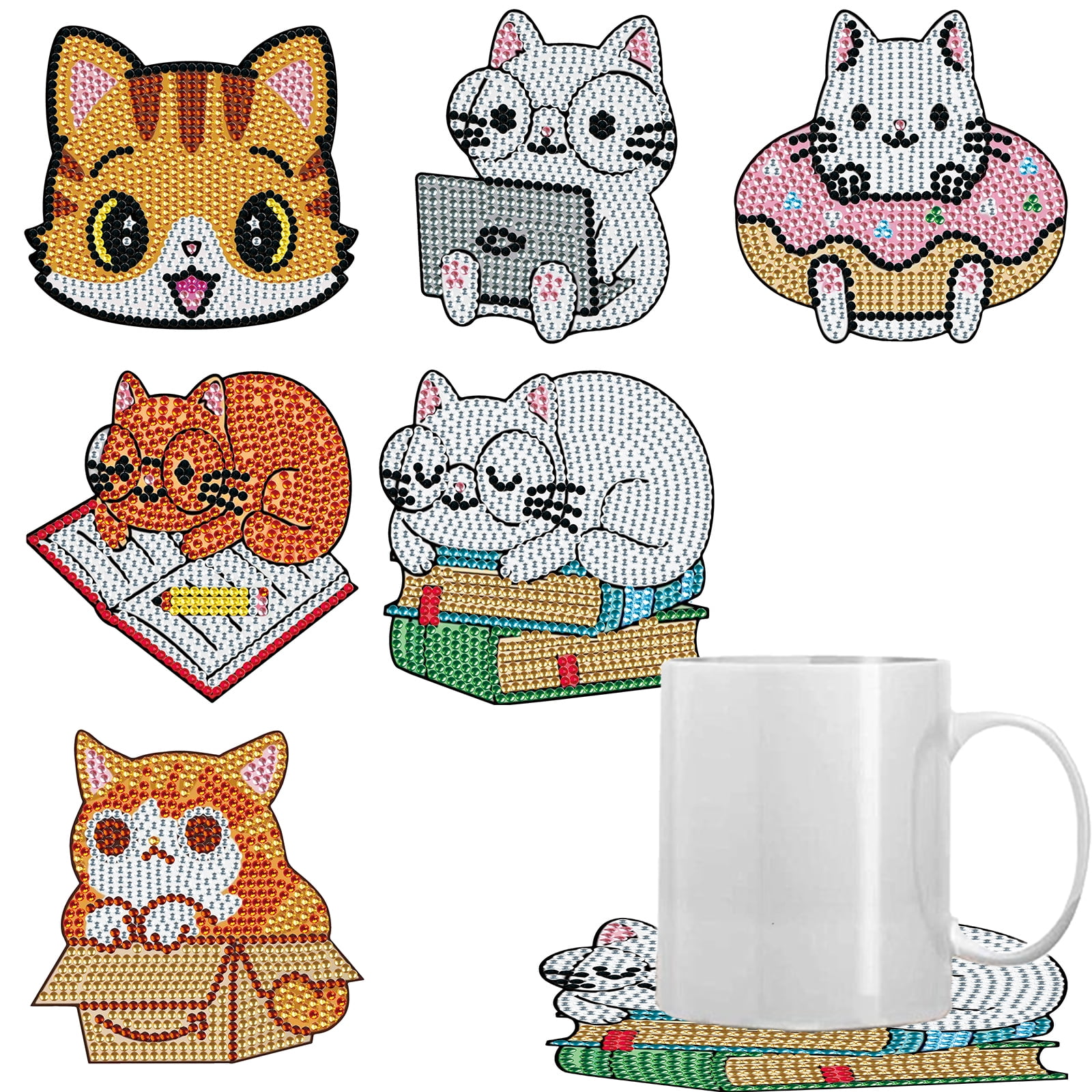 6pcs DIY Diamond Painting Coaster Kit with Lazy Cat Design, Includes ...