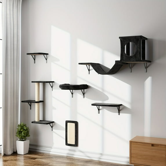6pcs Deluxe Wall-Mounted Cat Climbing Shelf - Multi-Level Cat Activity ...