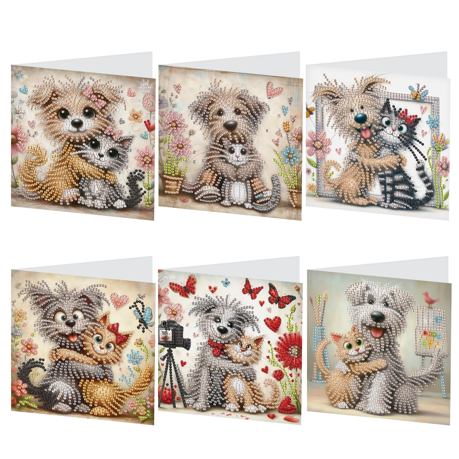 6pcs Diamond Art Painting Kit Greeting Card, Happy Kitten Puppy 5D DIY ...