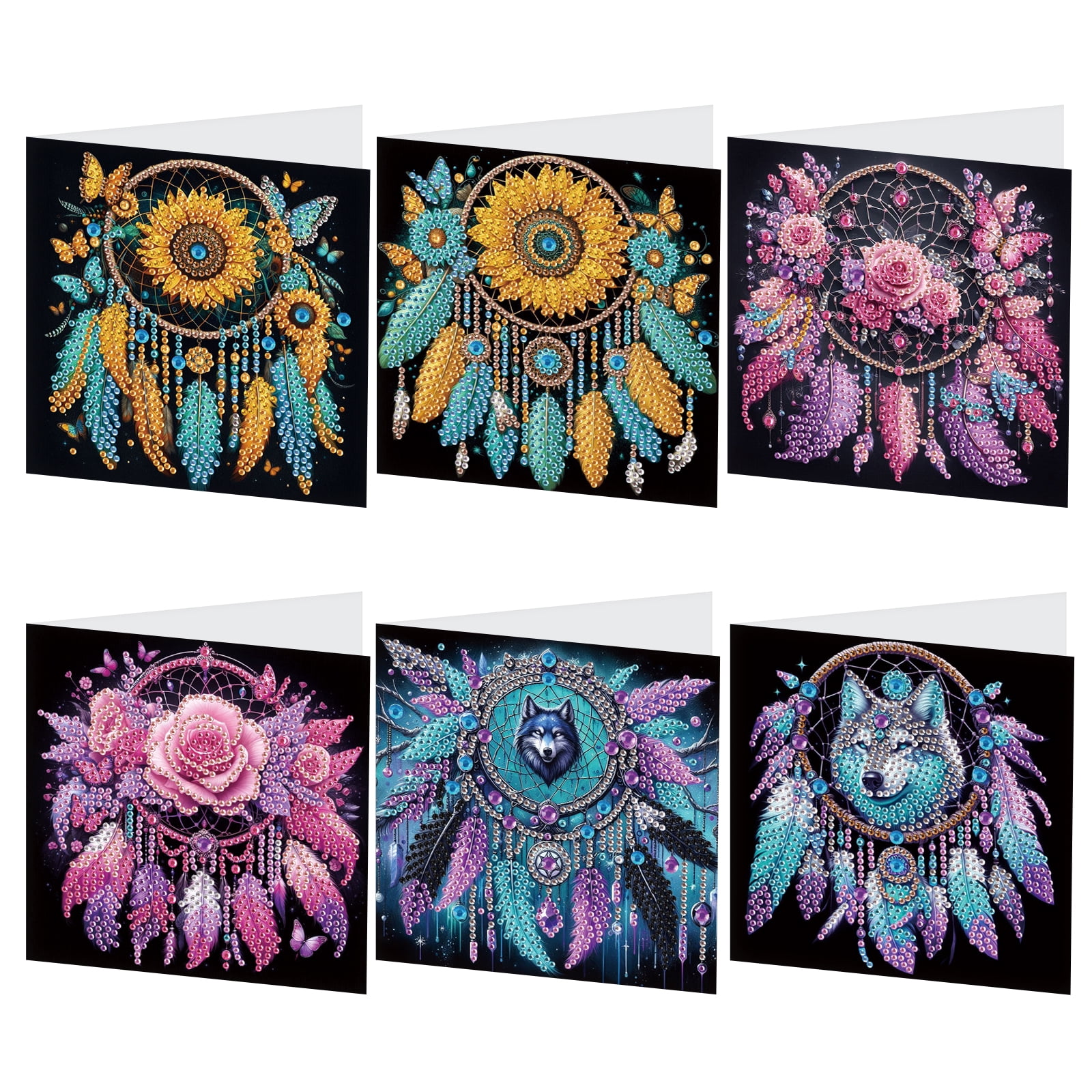 6pcs Diamond Art Painting Kit Greeting Card, Wolf Sunflower Roses ...