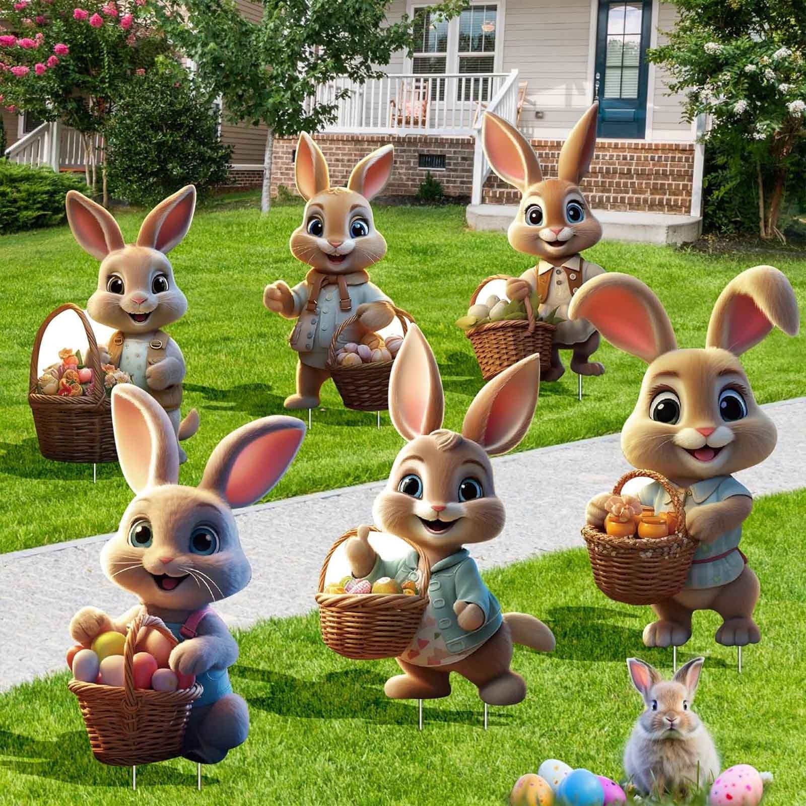 6pcs Easter Bunny Yard Signs with Stakes - Waterproof Outdoor Spring ...