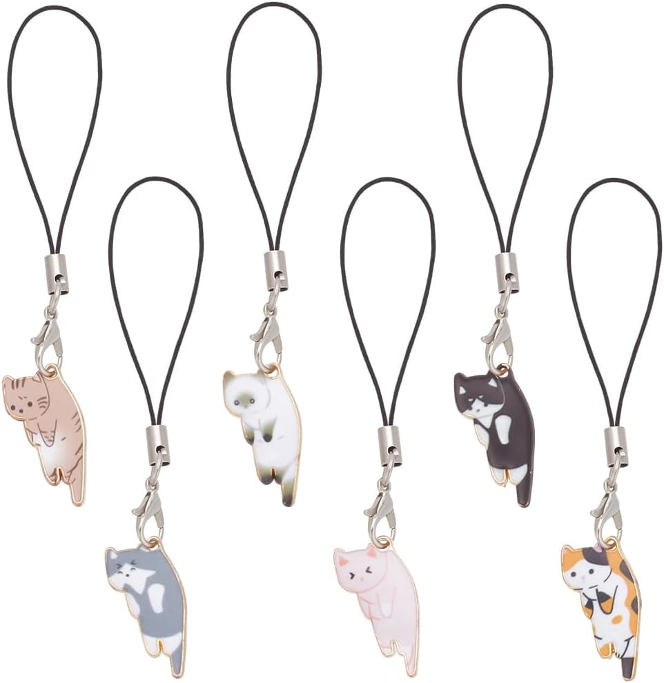 6pcs Enamel Cat Phone Charms Cute Animal Mobile Phone Straps Lanyard ...
