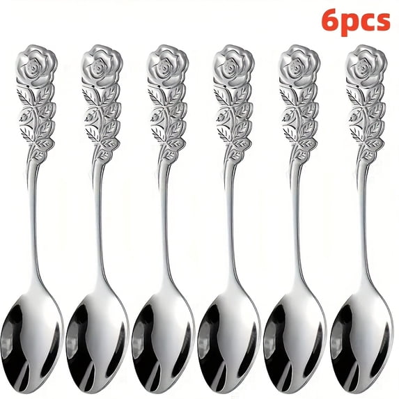 6pcs Exquisite Rose Handle Coffee Spoons, High-Quality Stainless Steel ...