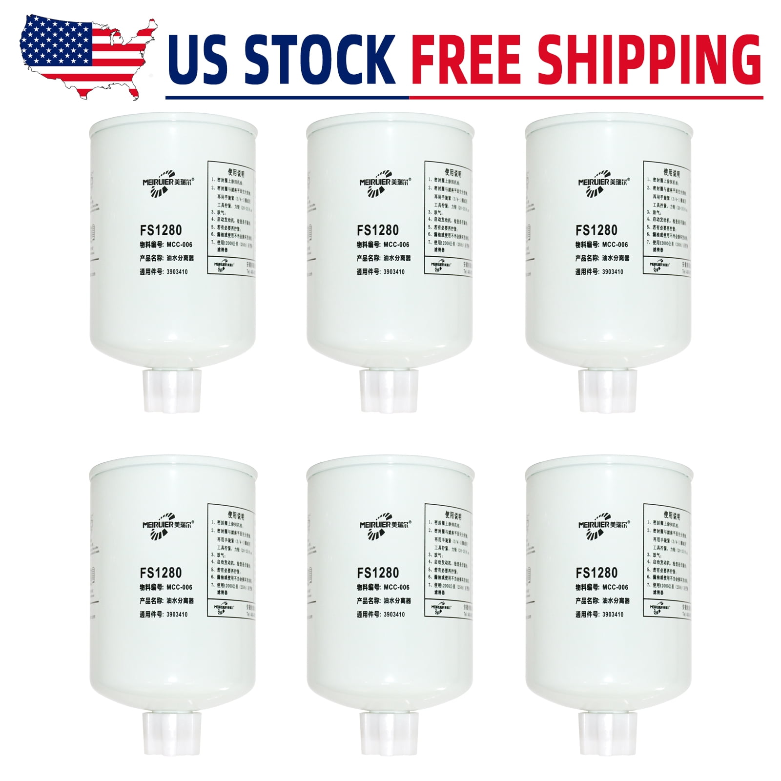 6pcs FS1280 Fuel Water Separator Filter Fits Freightliner Kenworth ...