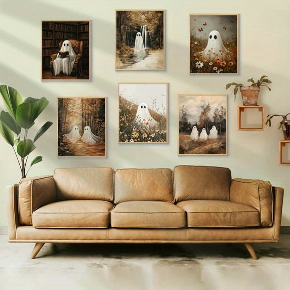 6pcs Frameless Whimsical Ghost Canvas Wall Art Set - Nature-Inspired ...