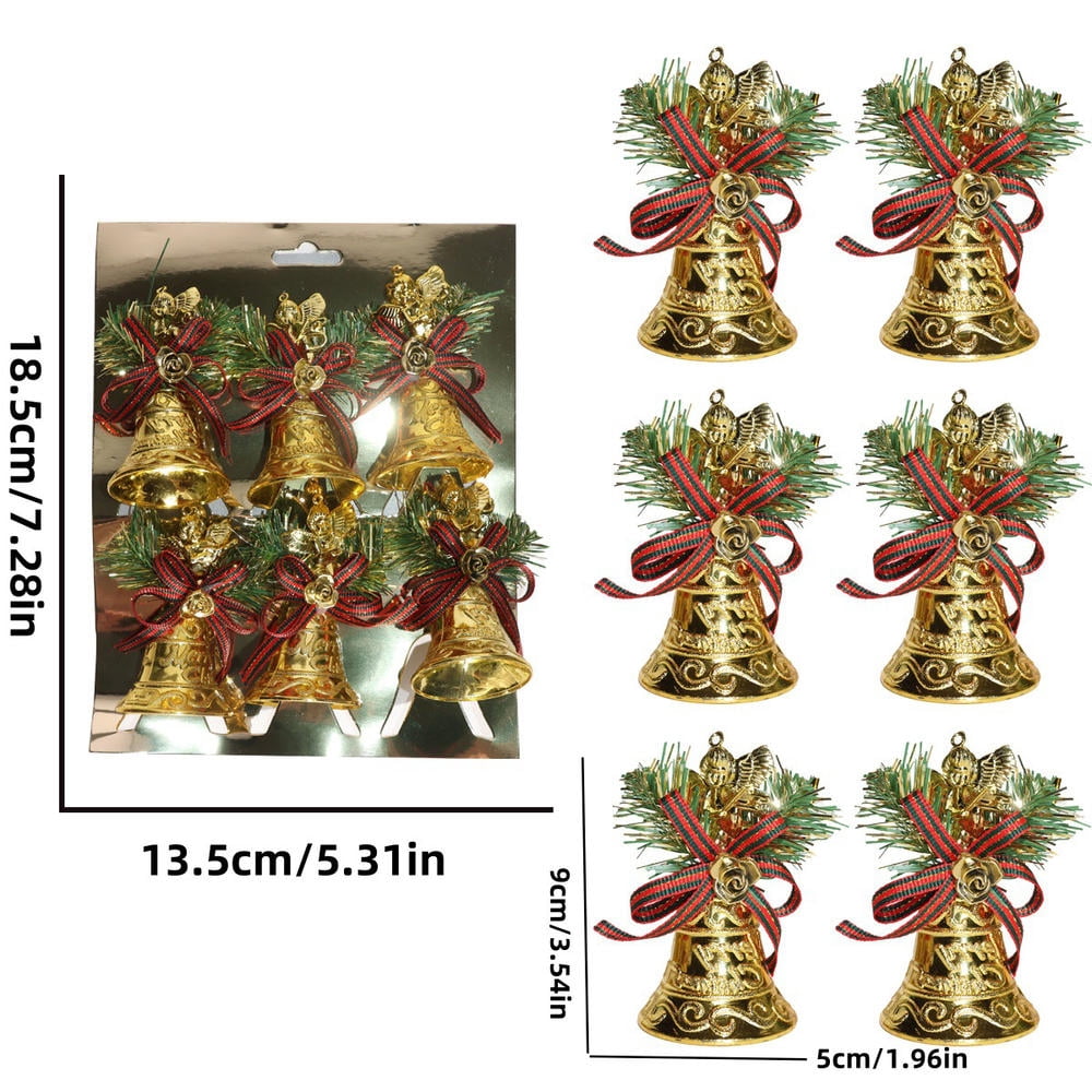 6pcs Gold Christmas Bow Bells Xmas Tree Hanging Angel Bells Ornament ...
