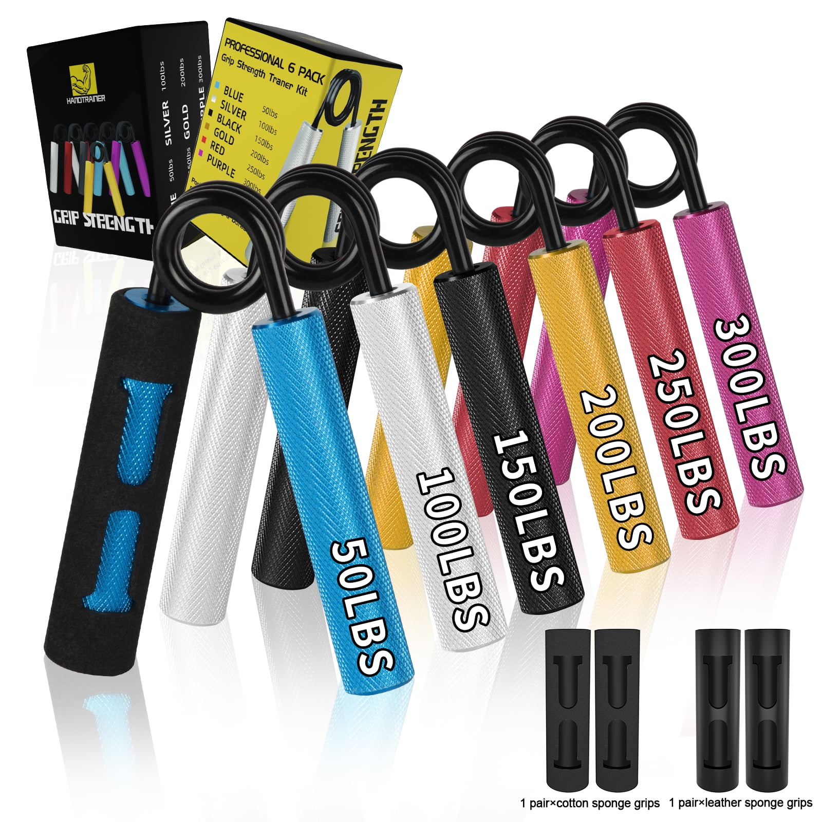 6pcs Grip Strength Trainer 50LB-300LB Metal Hand Grip Strengthener Non ...