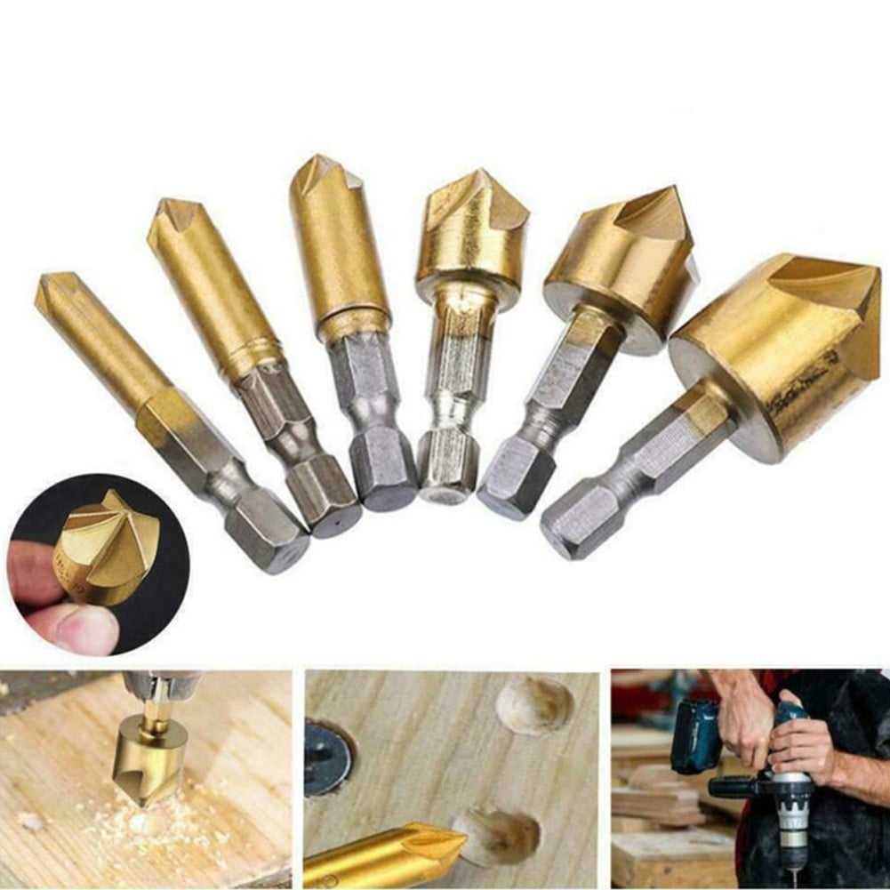 6pcs HSS Countersink Drill Bit Set Hex Shank 5 Flute Chamfering Cutter ...