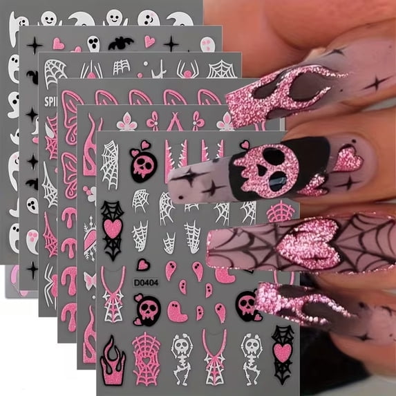 6pcs Halloween Nail Art Sticker Set - 3D Pink Glitter, Shimmering ...