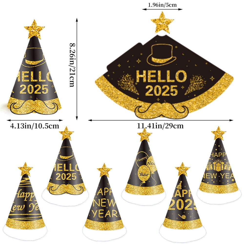 6pcs Happy 2025 New Year Paper Hats Eve Letters Black and Gold Party ...