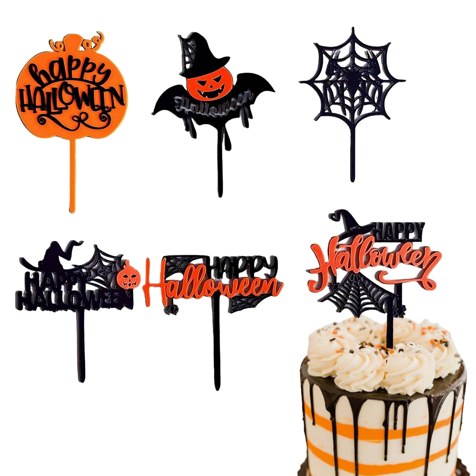 6pcs Happy HalloweenTRDN Cake Topper Pumpkin Ghost Bat Acrylic Spider ...