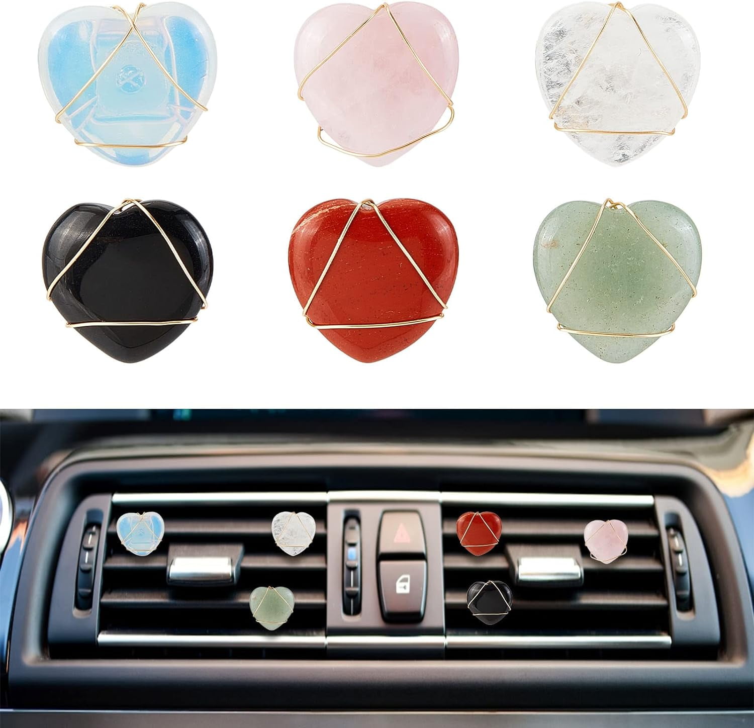 6pcs Heart Natural Stone Car Air Vent Clips - Gemstone Car Vent Clips ...
