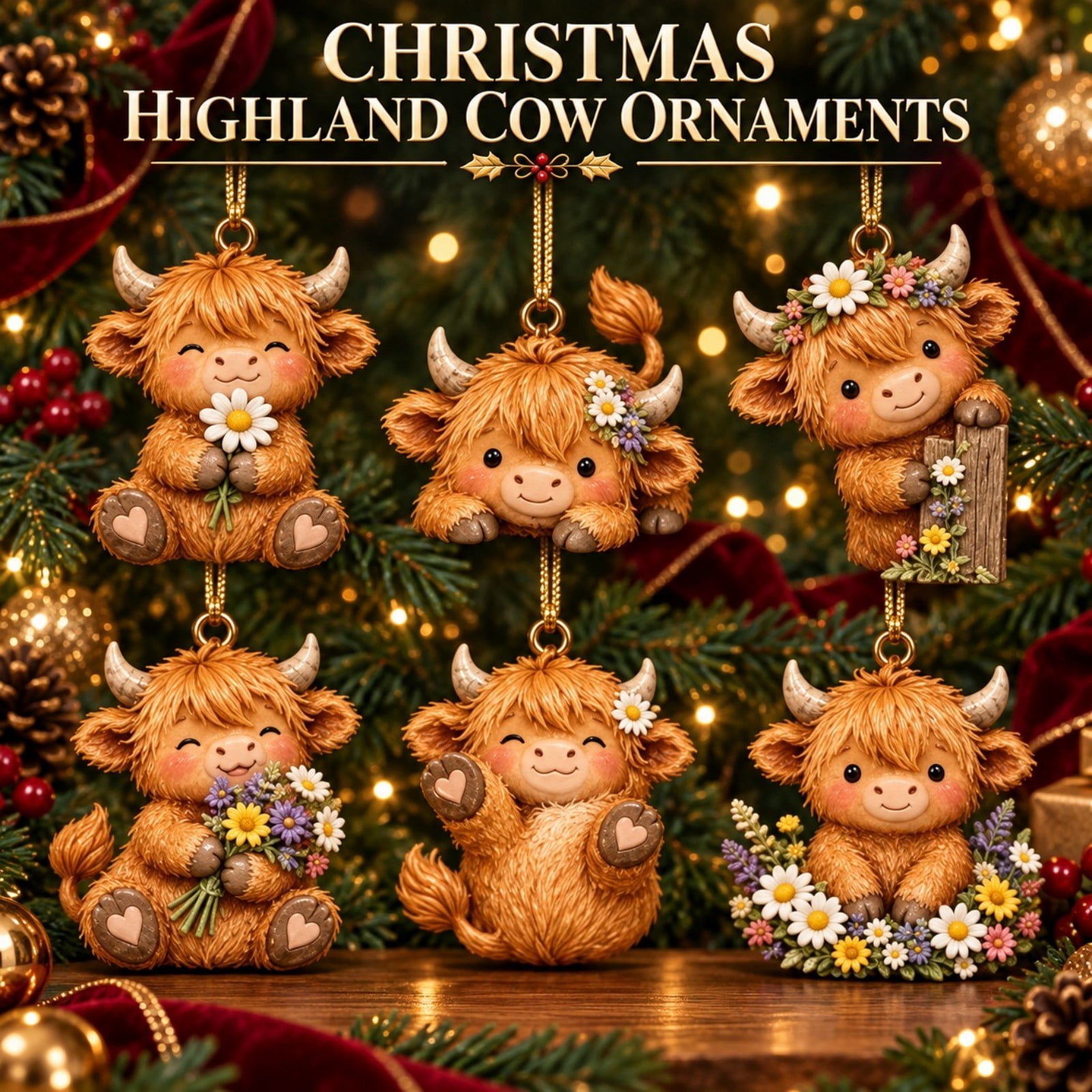 6pcs Highland Cow 3D Resin Christmas Ornaments, Highland Cow Home Decor ...