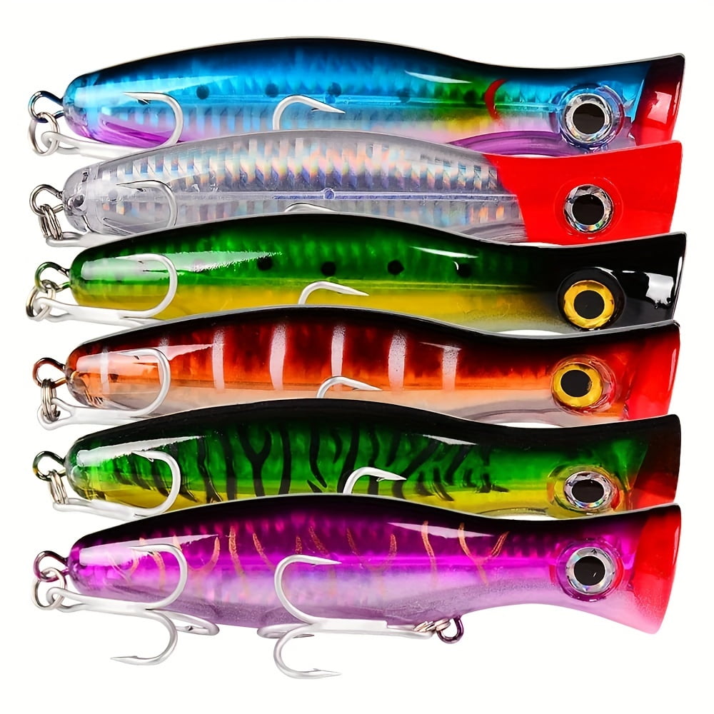 6pcs Premium Popper Fishing Lures with Treble Hooks - 3D Eyes, Carbon ...