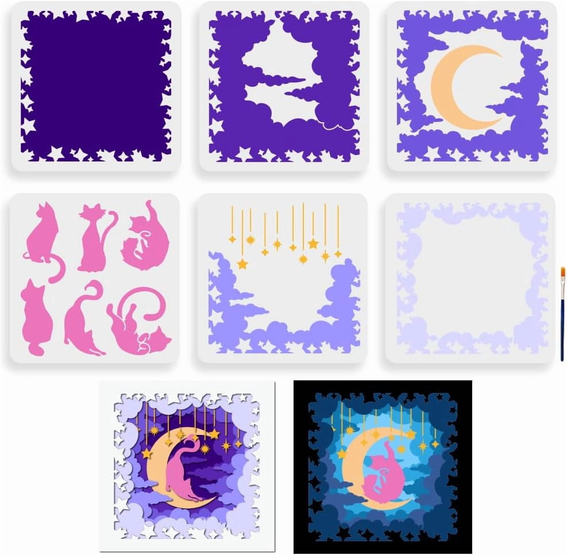 6pcs Layered Moon Cat Stencil 11.8×11.8inch Large Cat Moon Cloud Star ...