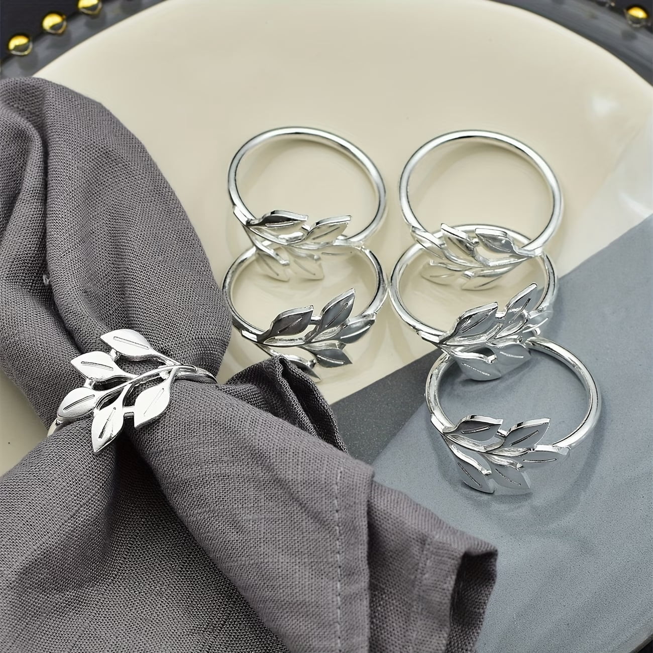 6pcs Leaf Napkin Rings - Polished Pewter, Elegant Solid Color Decor for ...