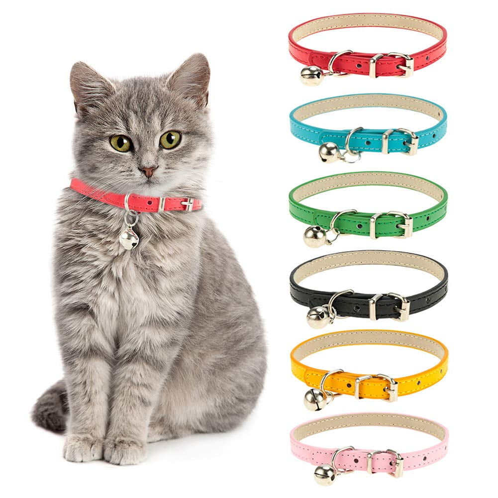 6pcs Leather Cat Collars with Bell, Durable Metal Buckle Soft and ...