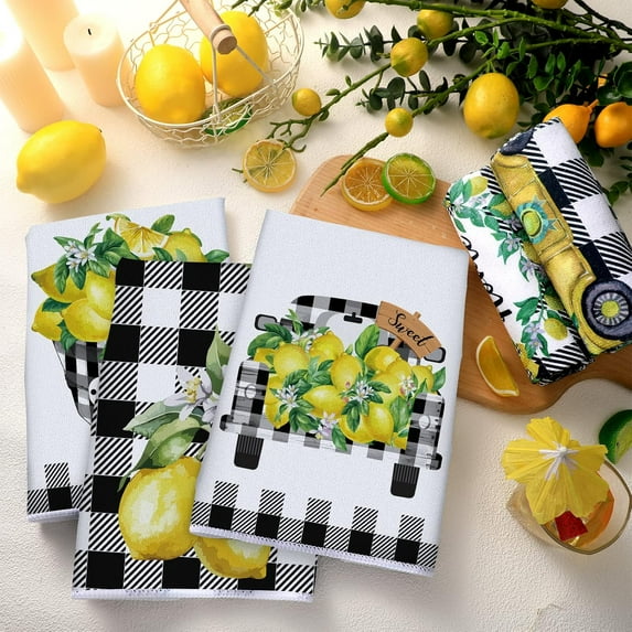 6pcs Lemon Kitchen Towels, Lemonade Dish Towels Black and White Decorative Hand Tea Dishcloths ...