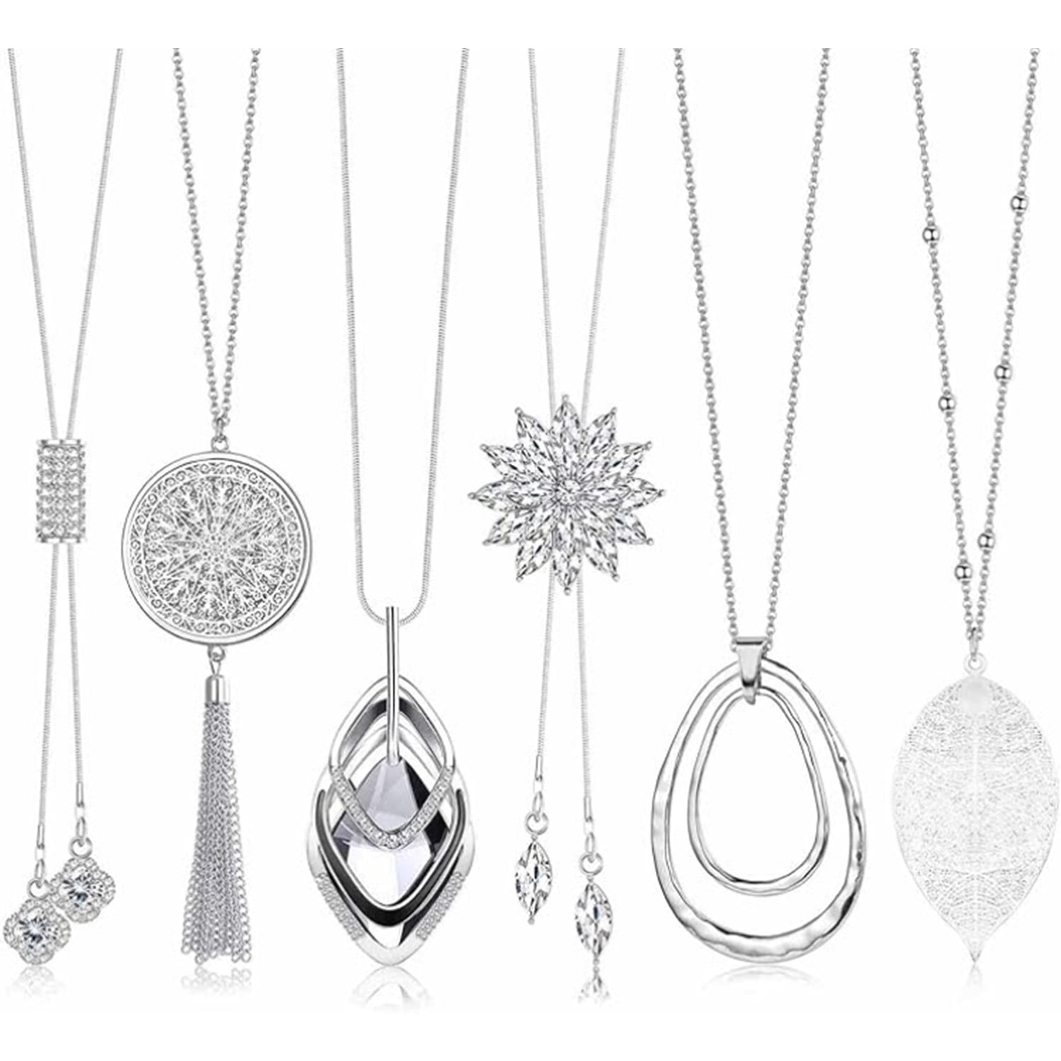 6pcs Long Pendant Necklaces for Women Long Sweater Necklaces Silver ...