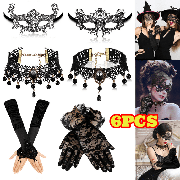6pcs Masquerade Mask for Women, Lace Mask Choker Necklace Glove for ...